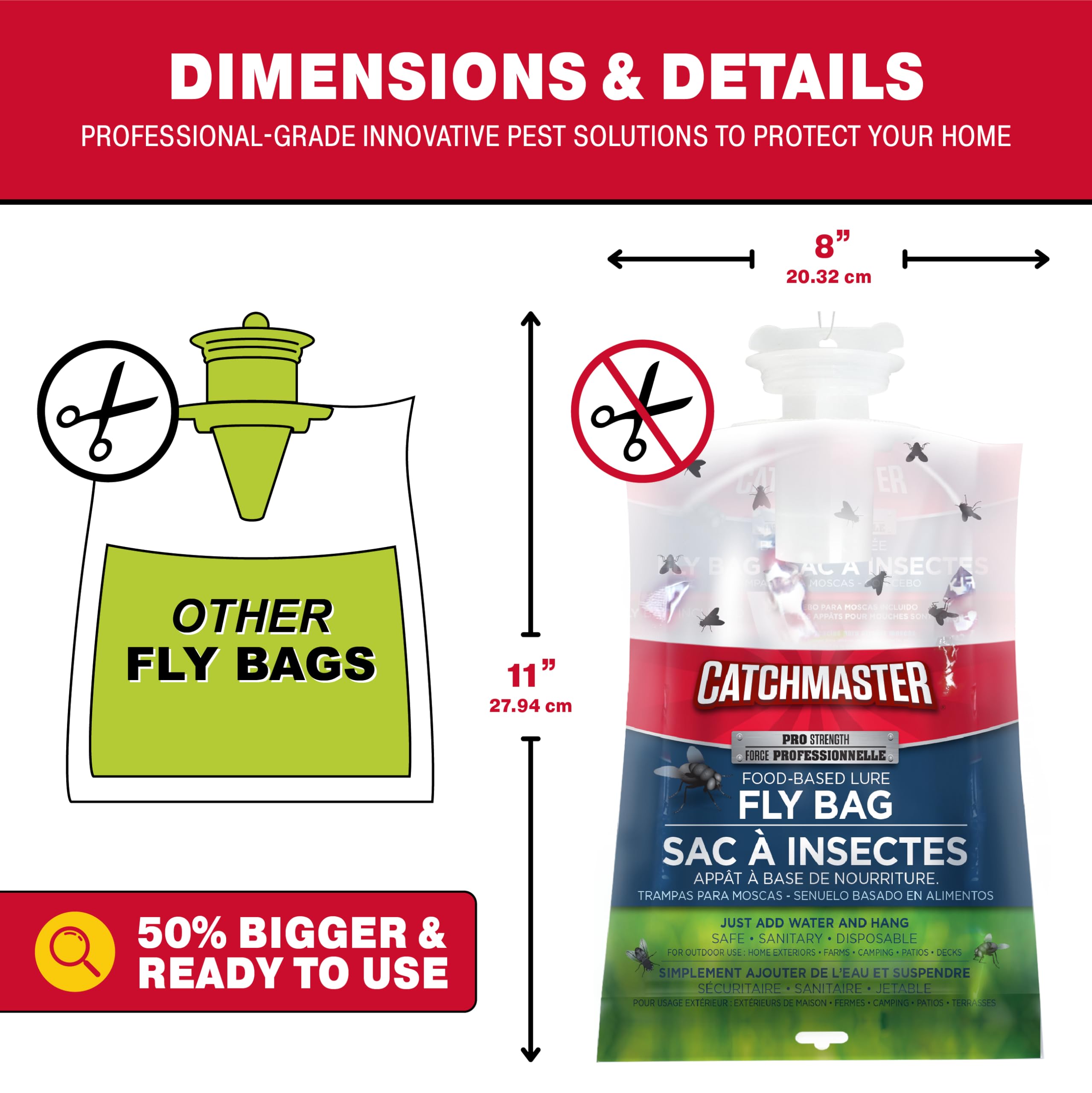 Catchmaster Pro Series Fly Bag 8-Pack, Hanging Fly Trap Outdoor Home, Bug Catcher and Flying Insect Trap with Premium Fly Bait, Pet Safe Pest Control, XL Bag for Backyard, Pool, Patio & Camping