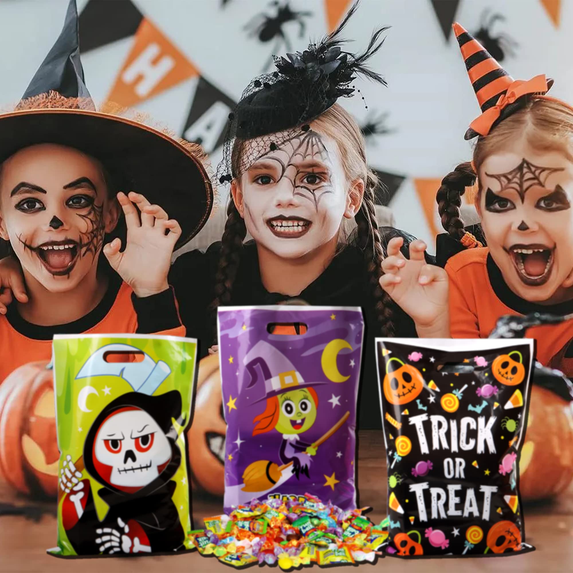 JOYIN 72 Pcs Halloween Candy Bags, Trick or Treating Goodie Bags in 6 Halloween Character Themed Designs for Kids Halloween Party Favor, Plastic Snacks Stuffers Bag for Party Supplies