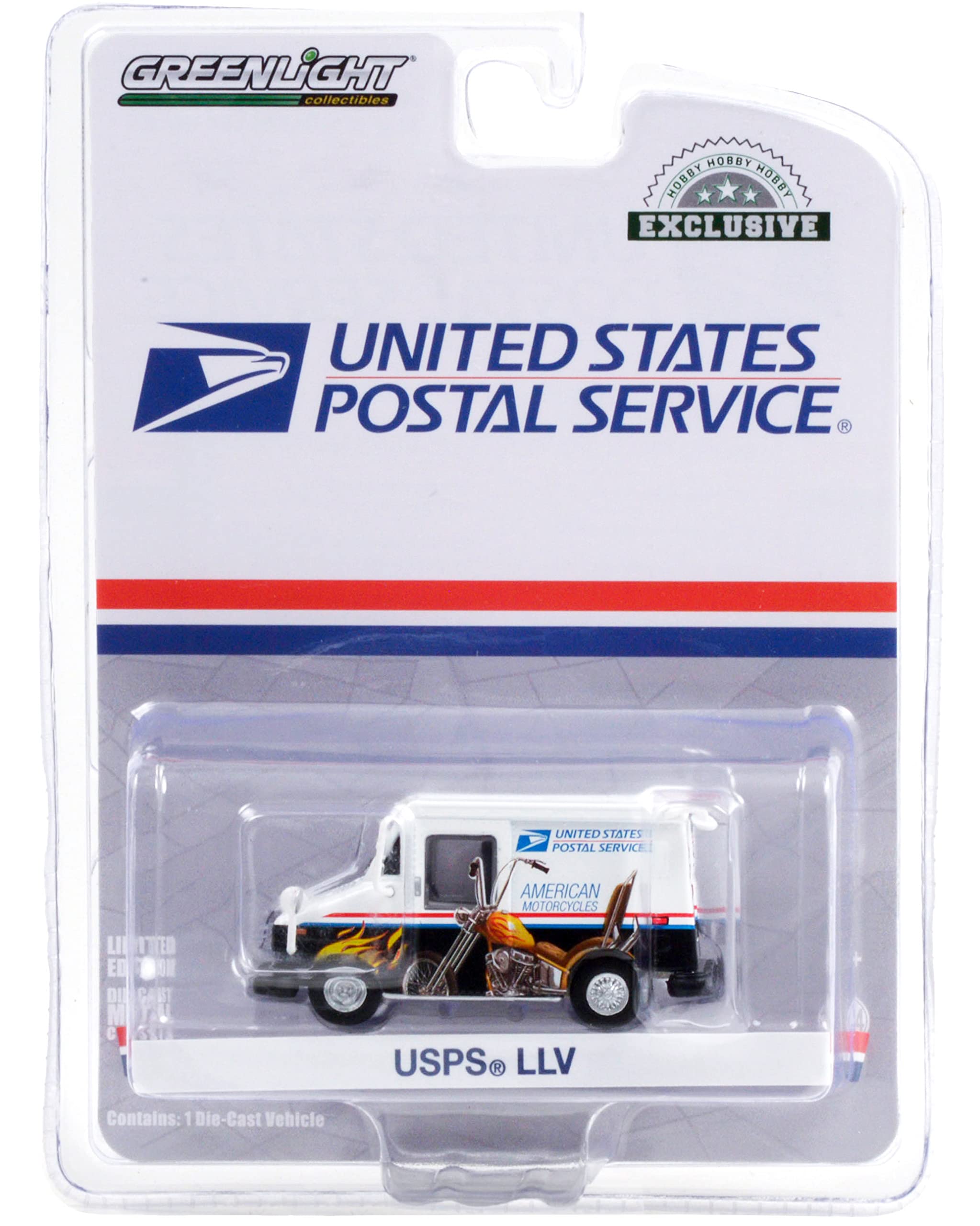 Greenlight 30249 United States Postal Service Long-Life Postal Delivery Vehicle (LLV) - American Motorcycles Collectible Stamps LLV (Hobby Exclusive) 1:64 Scale