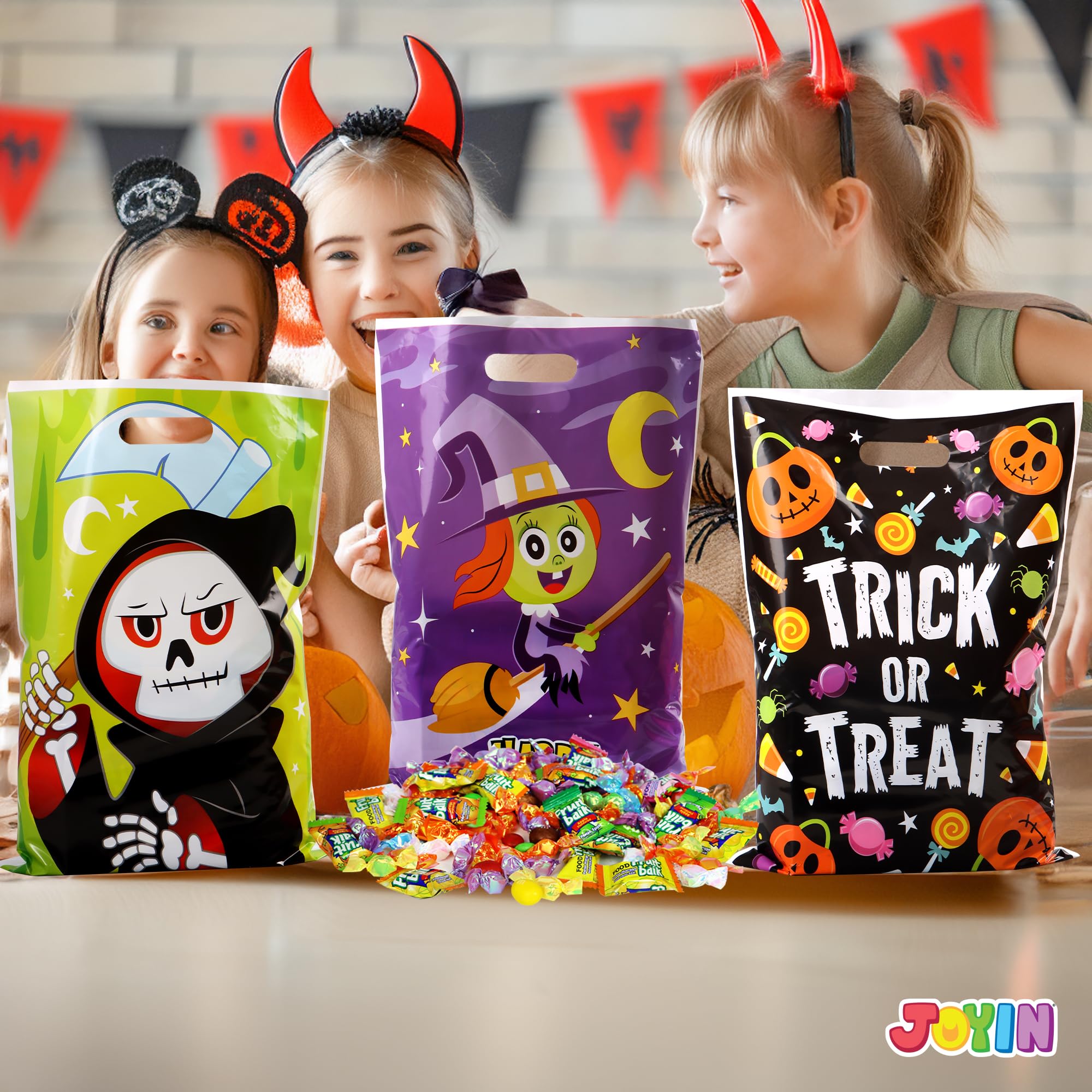 JOYIN 72 Pcs Halloween Candy Bags, Trick or Treating Goodie Bags in 6 Halloween Character Themed Designs for Kids Halloween Party Favor, Plastic Snacks Stuffers Bag for Party Supplies