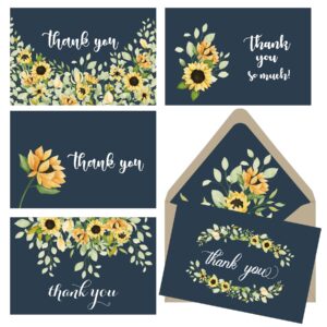 gooji 4x6 sunflower thank you cards (bulk 20-pack) navy blue envelopes