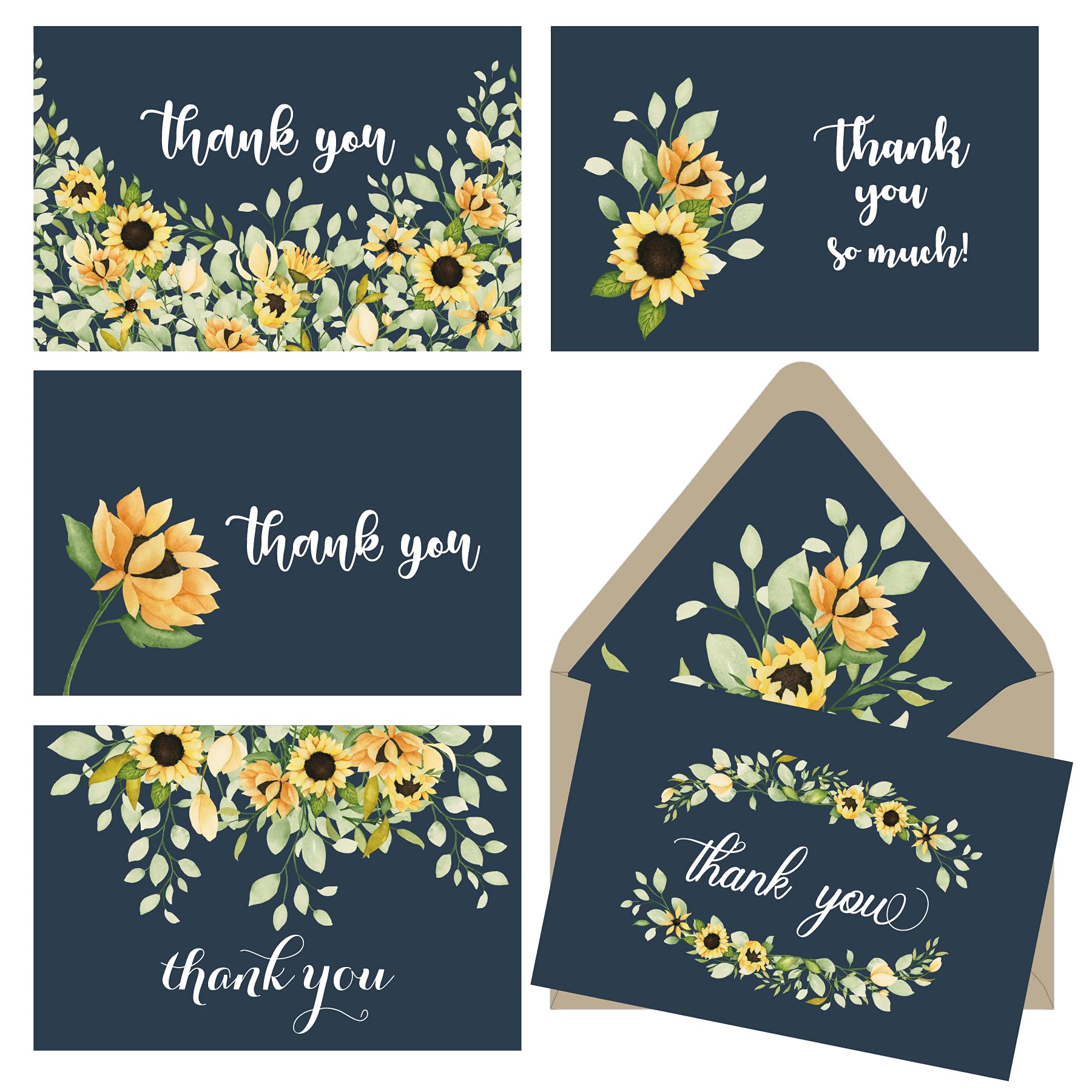 Gooji 4x6 Sunflower Thank You Cards (Bulk 20-Pack) Navy Blue Envelopes