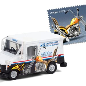 Greenlight 30249 United States Postal Service Long-Life Postal Delivery Vehicle (LLV) - American Motorcycles Collectible Stamps LLV (Hobby Exclusive) 1:64 Scale