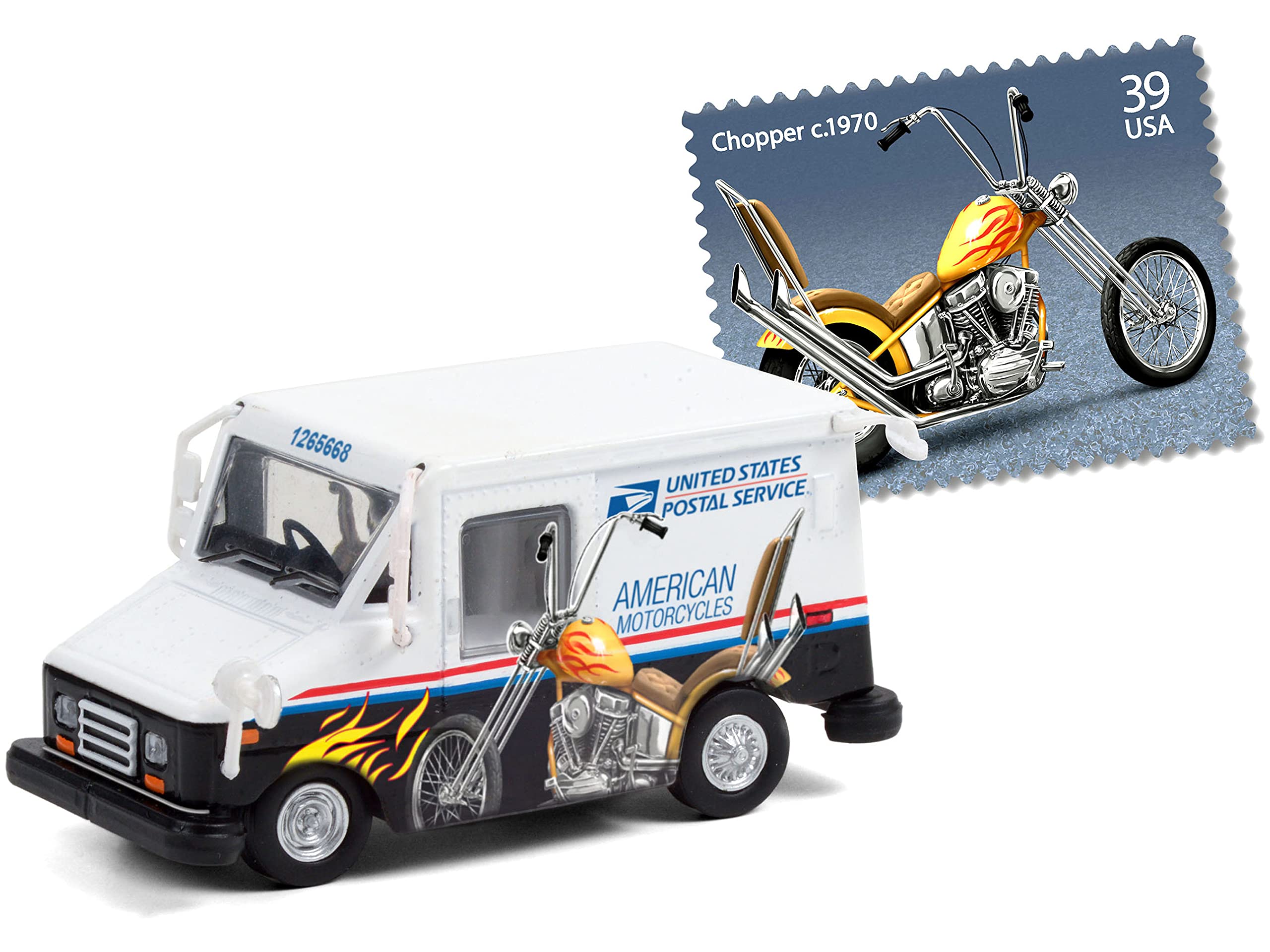 Greenlight 30249 United States Postal Service Long-Life Postal Delivery Vehicle (LLV) - American Motorcycles Collectible Stamps LLV (Hobby Exclusive) 1:64 Scale