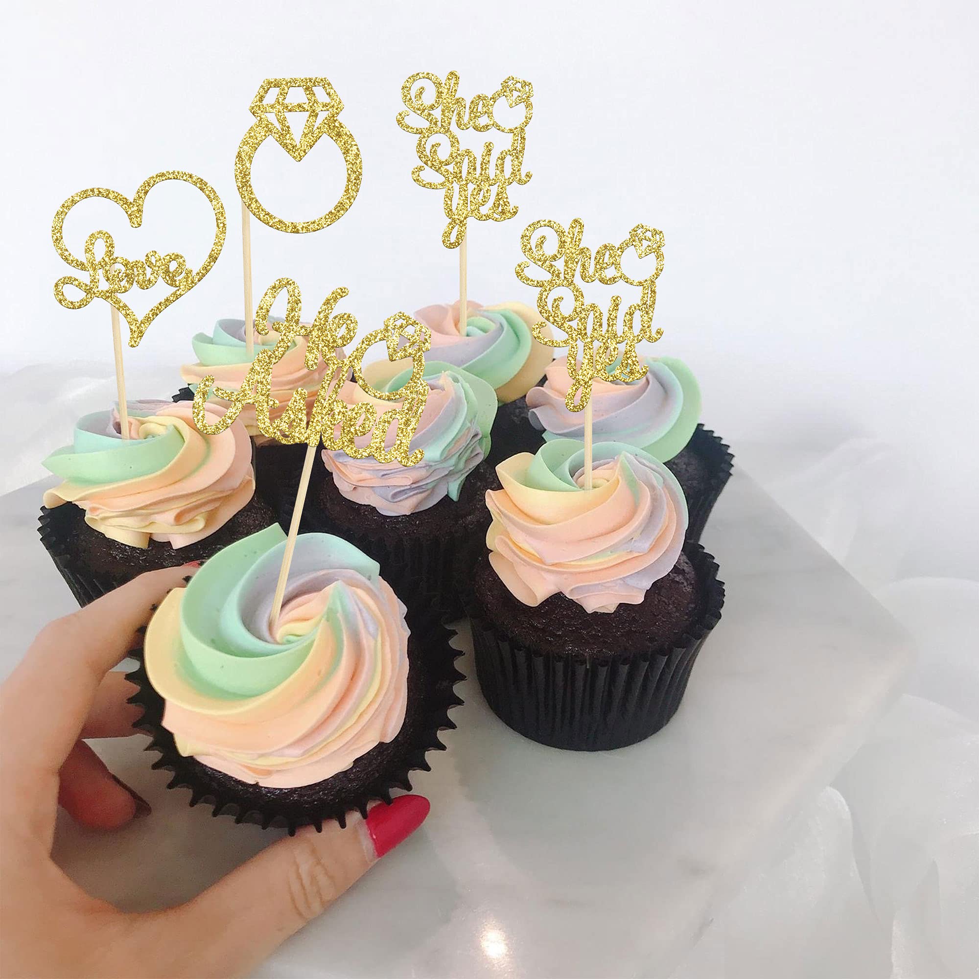 Gyufise He Asked She Said Yes Cupcake Toppers Gold Glitter Diamond Ring Heart Love Cake Picks for Wedding Engagement Party Cake Decorations 24 Pack