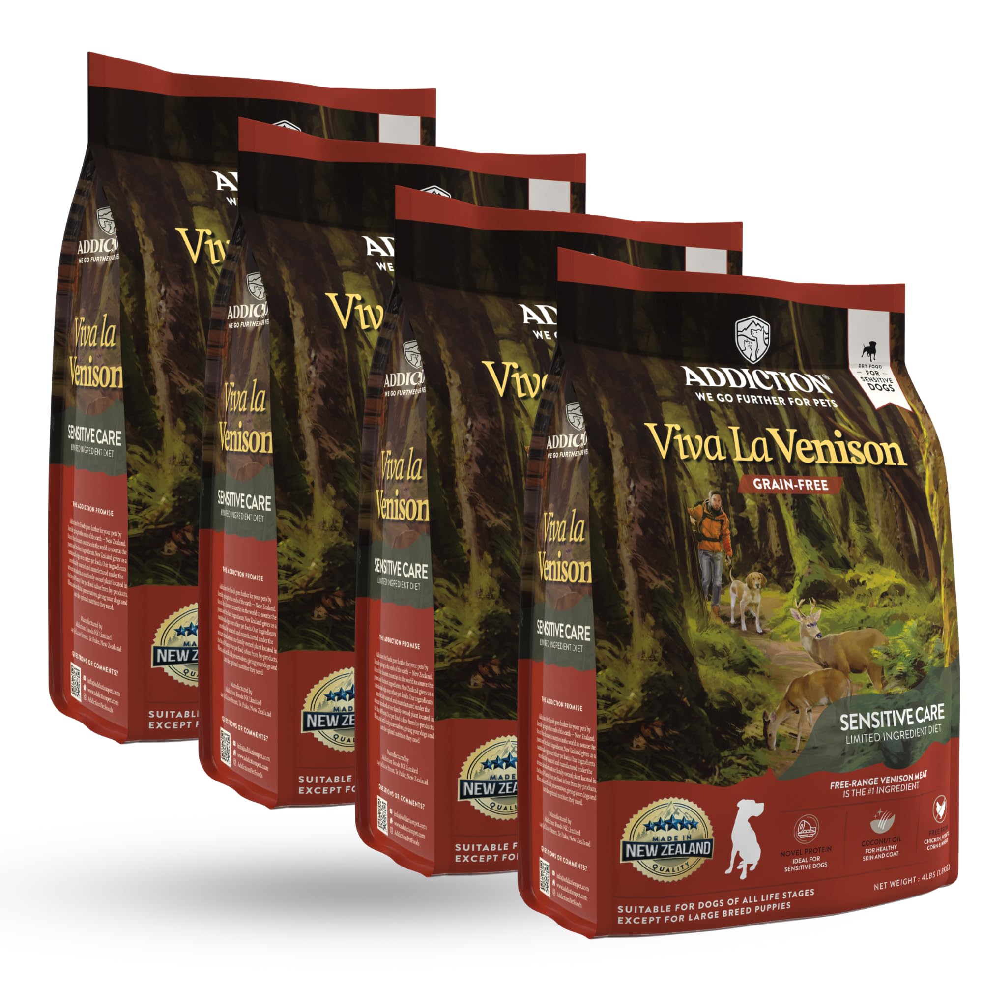 Addiction Viva La Venison Premium Grain-Free Dry Dog Food - Single Protein & Novel Meat with Probiotics - No Chicken, Beef, or Turkey - Ideal for All Dogs & Puppies 4lb - 4 Packs