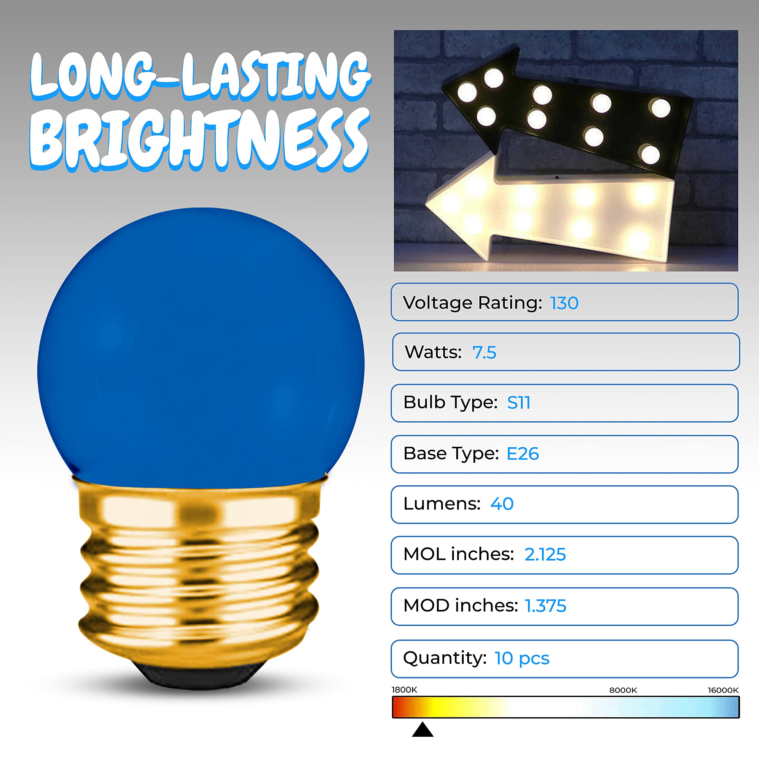 OHLECTRIC S11 Ceramic Blue Indicator Night Light Bulbs with E26 Medium Base| 7.5 Watt Bulbs with 40 Lumen Brightness | Perfect for String & Sign Lights | Pack of 10, OL-45583