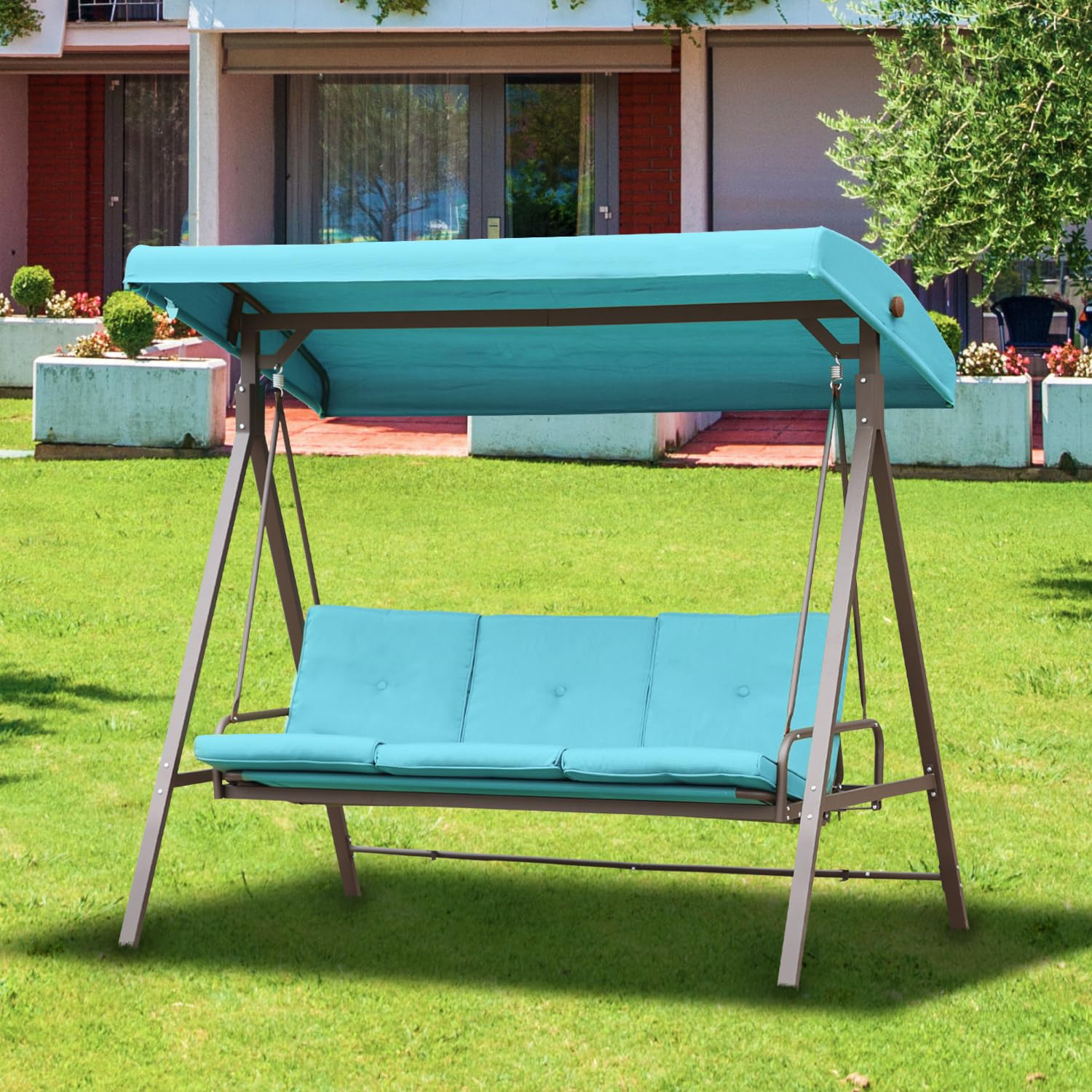 Aoodor 2 in 1 Patio Porch Swing Bed Olefin Fabric Fade Resistant Outdoor Converting Adjustable Canopy, Weather Resistant Glider with Removable 3 Seater - Teal