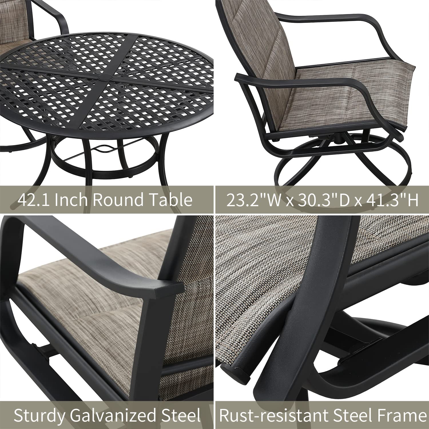 PatioFestival Patio Dining Set 5 Pieces Outdoor Furniture Sets Swivel Rocker Chairs Metal Round Table with All Weather Frame (5Pcs, Grey)