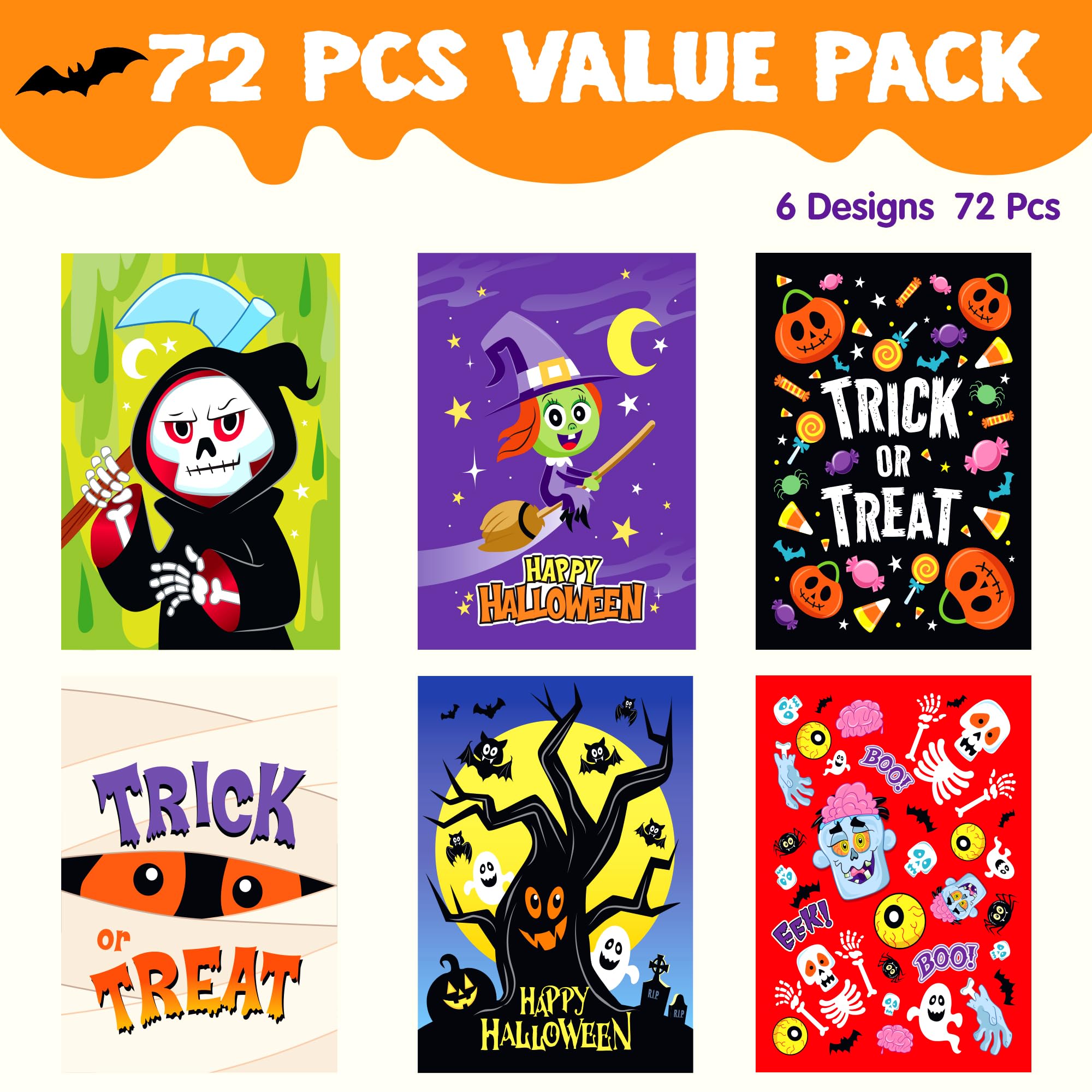 JOYIN 72 Pcs Halloween Candy Bags, Trick or Treating Goodie Bags in 6 Halloween Character Themed Designs for Kids Halloween Party Favor, Plastic Snacks Stuffers Bag for Party Supplies