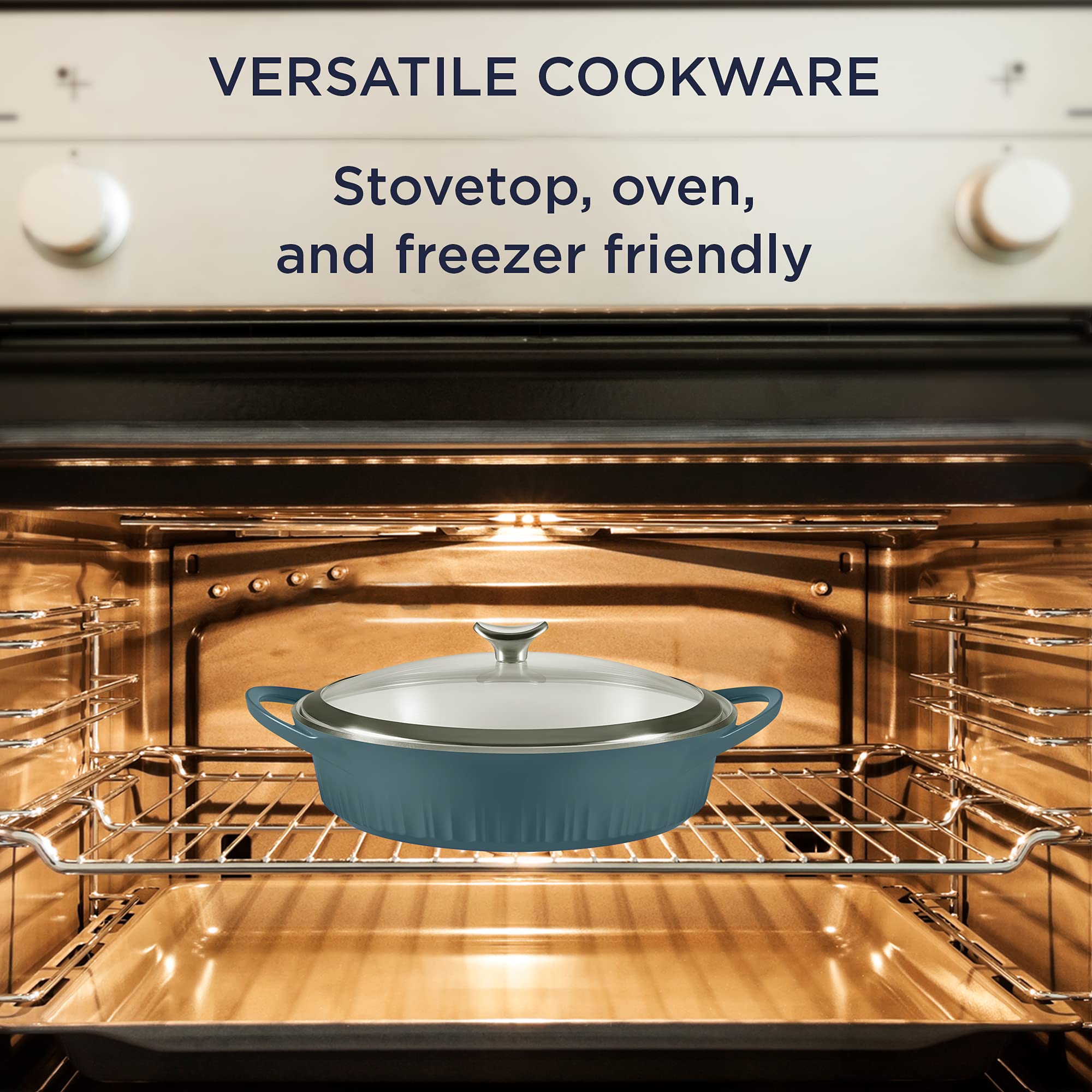 CorningWare, Non-Stick 4 Quart QuickHeat Braiser with Lid, Lightweight, Ceramic Non-Stick Interior Coating for Even Heat Cooking, Perfect for Baking, Frying, Searing and More, French Navy