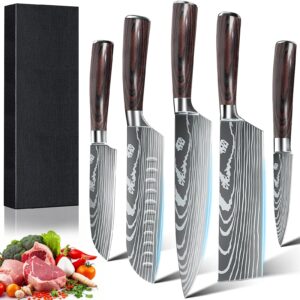 zeng chef knife set, kitchen chef's knives set with ergonomic pakkawood handle, german high carbon stainless steel sharp japanese cooking knives set, 5 pcs professional knife set with gift box