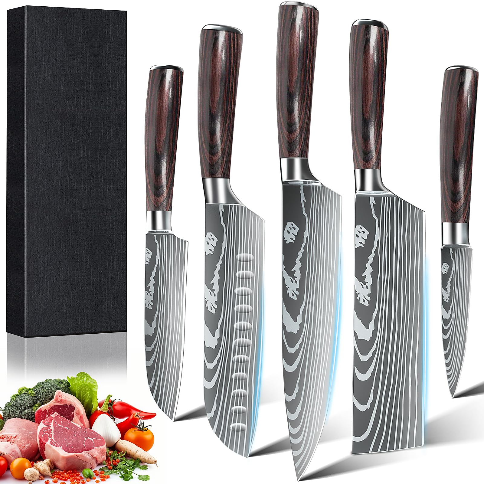 ZENG Chef Knife Set, Kitchen Chef's Knives Set with Ergonomic Pakkawood Handle, German High Carbon Stainless Steel Sharp Japanese Cooking Knives Set, 5 PCS Professional Knife Set with Gift Box