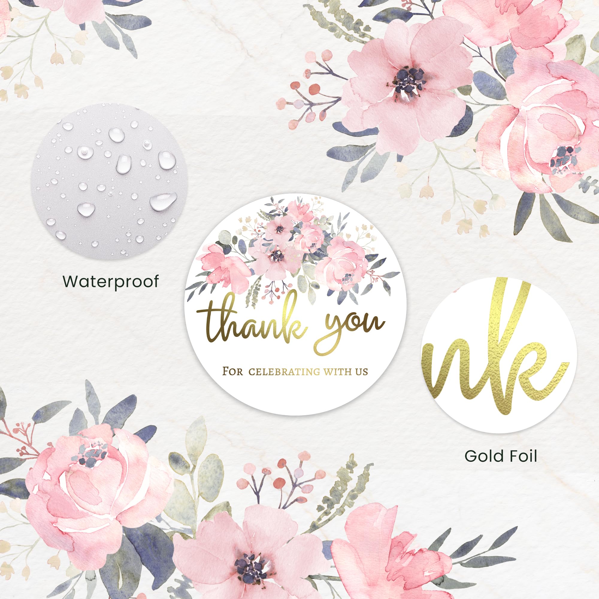 Mobiusea Creation Floral Party Thank You for Celebrating with Us Sticker | 2 inch | Gold Foil | 48pcs Waterproof Thank You Stickers for Wedding, Bridal Shower, Birthday, Boho Girl Baby Shower