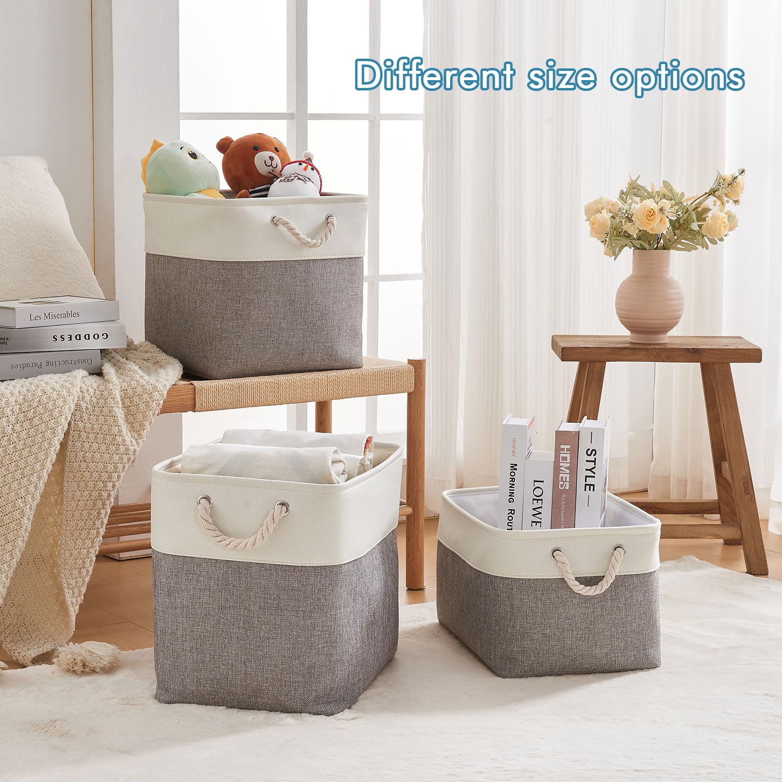 HOdo Home Fabric Storage Bin with Hard Bottom Base and 2 Bold Handles, Collapsible Large Canvas Storage Baskets for Organizing Shelf Nursery Home Closet (Grey&White, 15L×11W×9.5H - 3Pack)