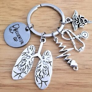 Kit's Kiss RT Respiratory Therapist Keychain Therapy Gift Lung Specialist Stethoscope Anatomical EKG ECG Heartbeat Pulmonary Care Disease Essential AF Gift, Silver, Diameter of Key Ring : 1.26 inches