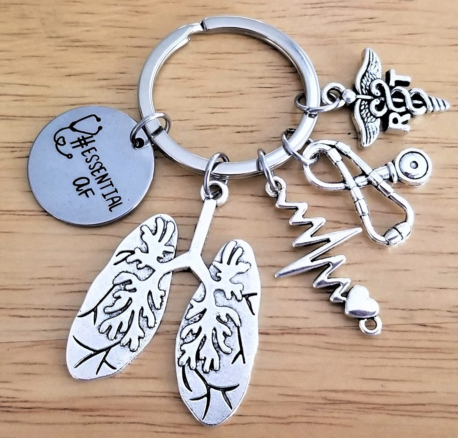 Kit's Kiss RT Respiratory Therapist Keychain Therapy Gift Lung Specialist Stethoscope Anatomical EKG ECG Heartbeat Pulmonary Care Disease Essential AF Gift, Silver, Diameter of Key Ring : 1.26 inches