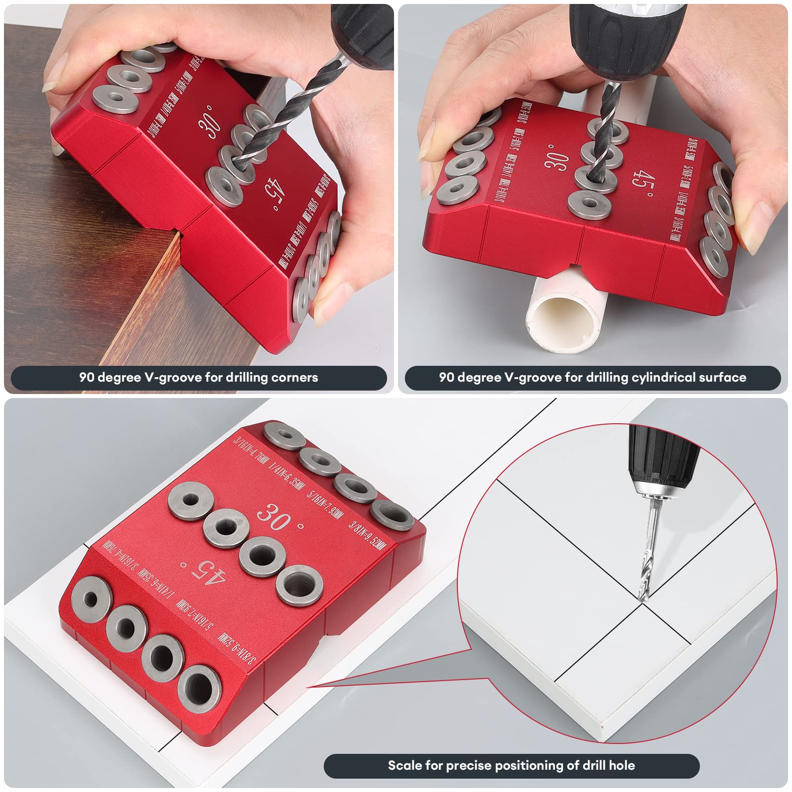 SLIIMU 30 45 90 Degree Angle 4 Sizes Drill Hole Guide Jig for Angled and Straight Hole, Portable Deck Cable Railing Lag Screw Drilling Template Block For Horizontal Cable Wood Post,Stair Wire Handrail