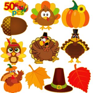 joy bang fall bulletin board decorations, 50 pcs autumn fall cutouts pumpkin leaves turkey cutouts for classroom school thanksgiving bulletin board decorations decor