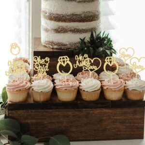 Gyufise He Asked She Said Yes Cupcake Toppers Gold Glitter Diamond Ring Heart Love Cake Picks for Wedding Engagement Party Cake Decorations 24 Pack