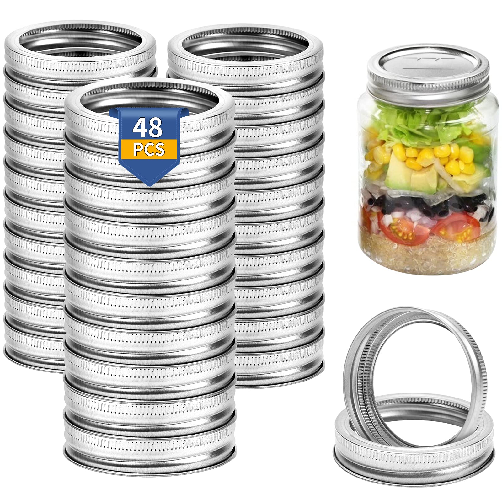 48 Pieces Regular Mouth Canning Jar Rings, Regular Mouth Mason Jar Replacement Metal Rings - Split-Type Seals Jar Rings Rust Proof Leak Proof Screw Bands for Canning Mason Jar