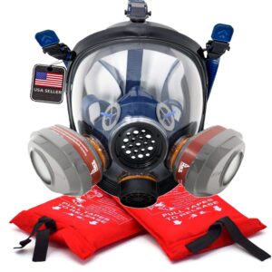 parcil distribution wildfire safety kit - pd-101 full face smoke respirator & fire extinguisher blanket set - home & emergency use - 2 p-a-3 activated carbon filters