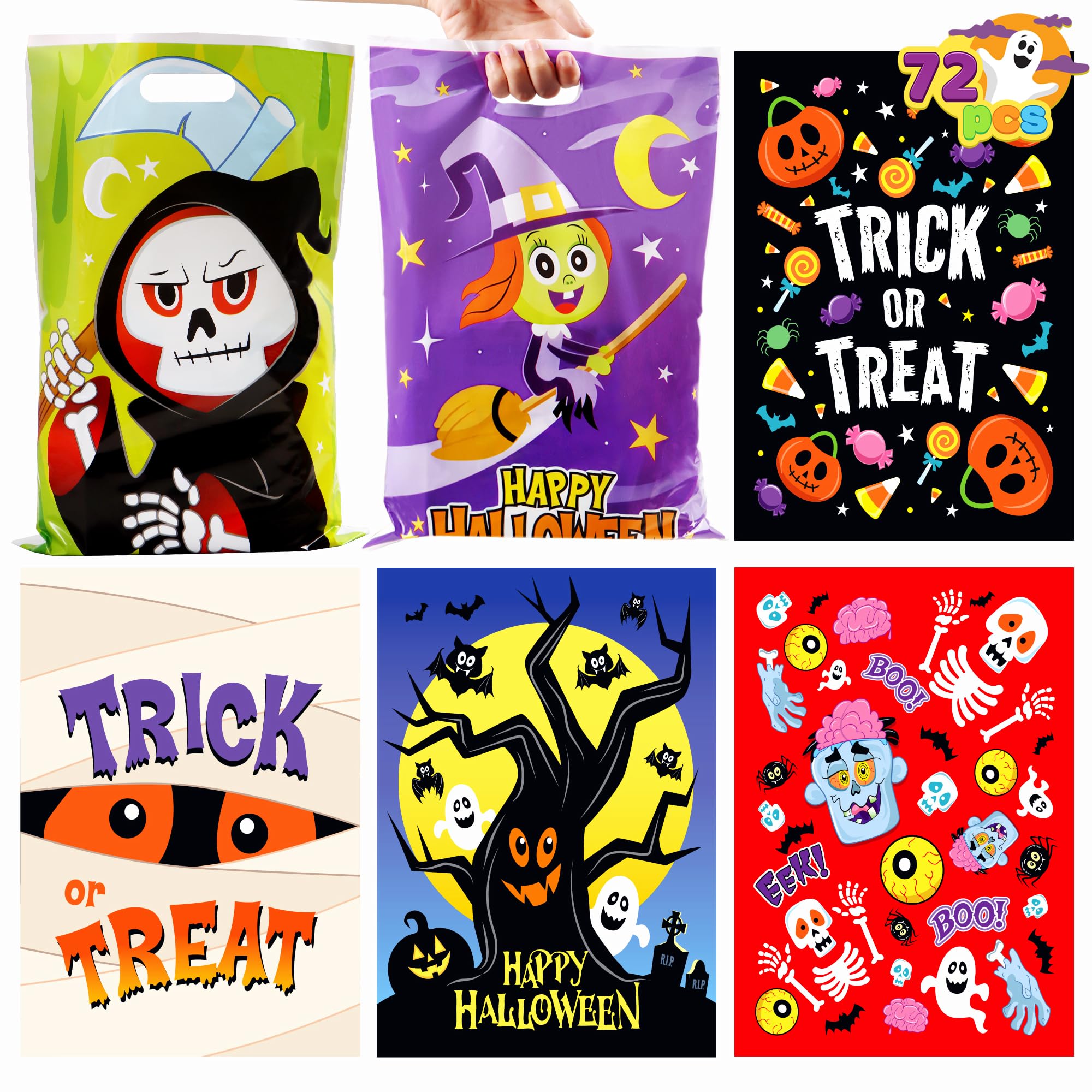 JOYIN 72 Pcs Halloween Candy Bags, Trick or Treating Goodie Bags in 6 Halloween Character Themed Designs for Kids Halloween Party Favor, Plastic Snacks Stuffers Bag for Party Supplies