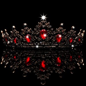 CAVETEE Black Crown for Women Halloween Party Favors Birthday Tiara Luxurious Red Rhinestones Crown Wedding Bridal Crown Birthday Party Princess Party Prom Black Tiaras and Crowns for Women Girls