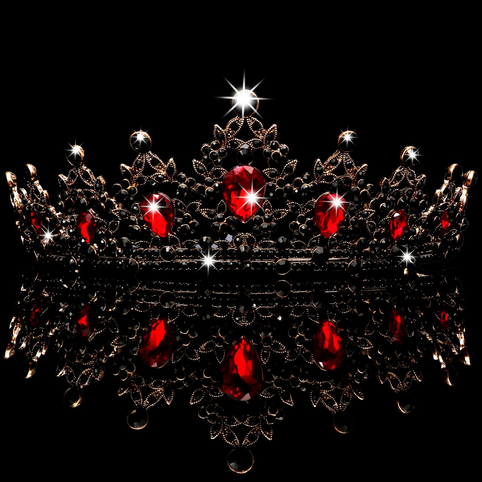 CAVETEE Black Crown for Women Halloween Party Favors Birthday Tiara Luxurious Red Rhinestones Crown Wedding Bridal Crown Birthday Party Princess Party Prom Black Tiaras and Crowns for Women Girls