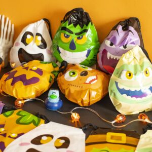 JOYIN 60PCS Halloween Drawstring Treat Bags, Goodie Candy Trick or Treat Bags Bulk in 12 Cute Monster Designs, Small Plastic Gifts Bags for Kids Trick or Treating, Halloween Party Favors Supplies