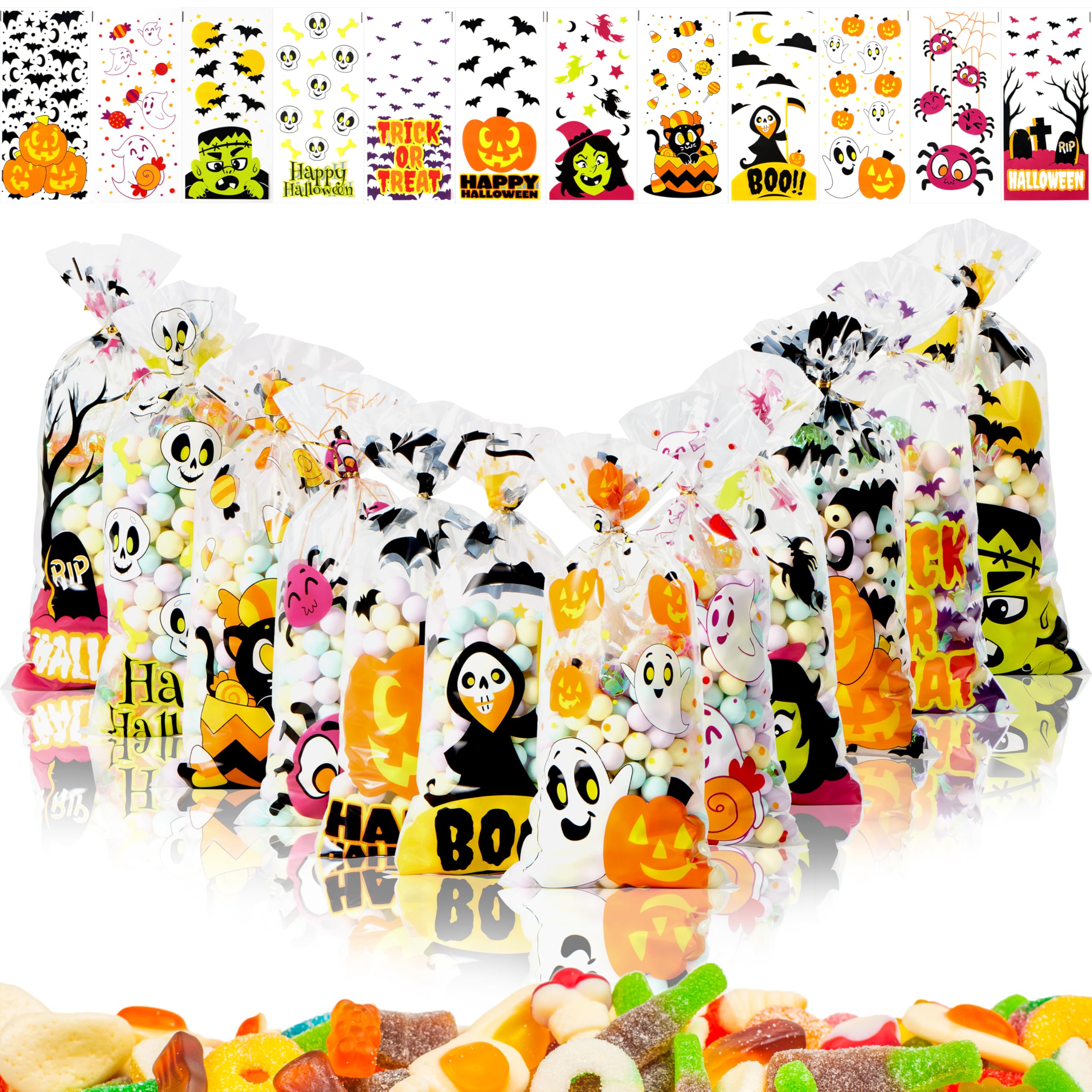 JOYIN 108 Pcs Halloween Cellophane Bags in 12 Halloween Classies Pattern Designs for Trick-or-Treating, Halloween Party Favors, Halloween Party Supplies, Birthday Gifts Bags and Decoration