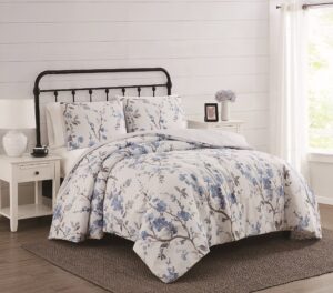 cannon kasumi floral king 3 piece duvet cover set, white/blue