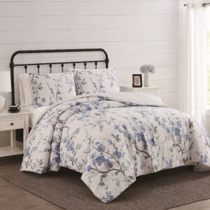 CANNON Kasumi Floral King 3 Piece Duvet Cover Set, White/Blue