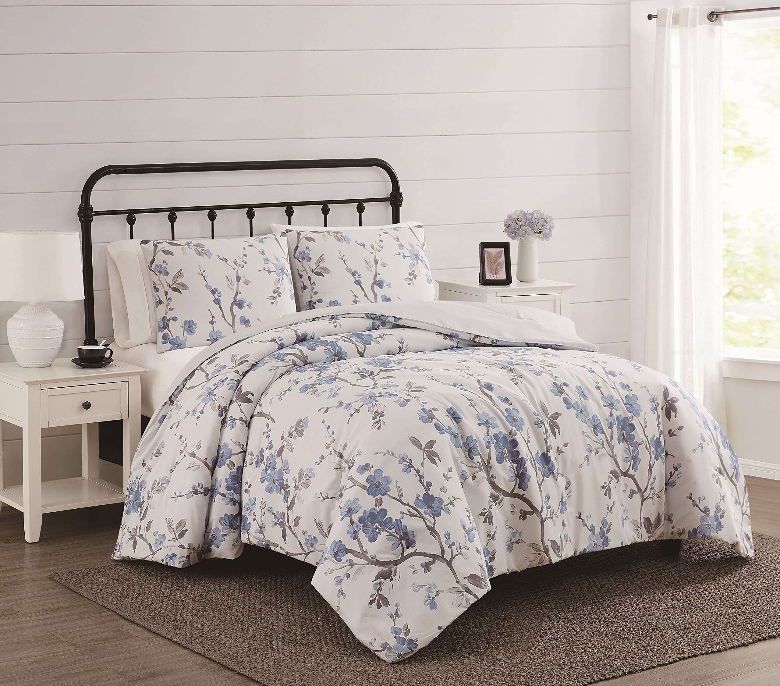 CANNON Kasumi Floral King 3 Piece Duvet Cover Set, White/Blue