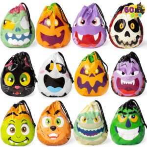 joyin 60pcs halloween drawstring treat bags, goodie candy trick or treat bags bulk in 12 cute monster designs, small plastic gifts bags for kids trick or treating, halloween party favors supplies