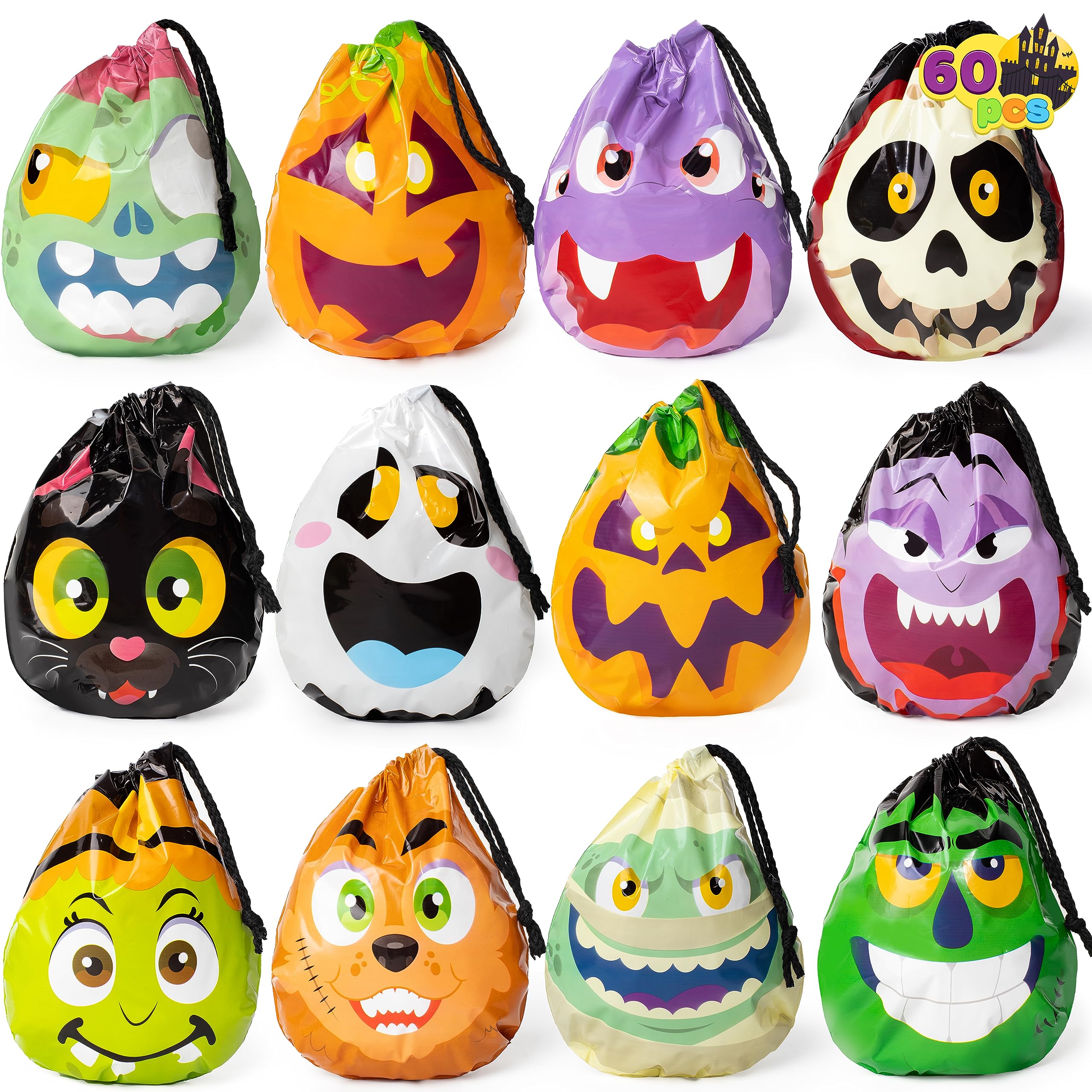 JOYIN 60PCS Halloween Drawstring Treat Bags, Goodie Candy Trick or Treat Bags Bulk in 12 Cute Monster Designs, Small Plastic Gifts Bags for Kids Trick or Treating, Halloween Party Favors Supplies