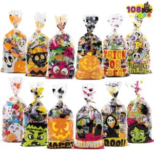 joyin 108 pcs halloween cellophane bags in 12 halloween classies pattern designs for trick-or-treating, halloween party favors, halloween party supplies, birthday gifts bags and decoration