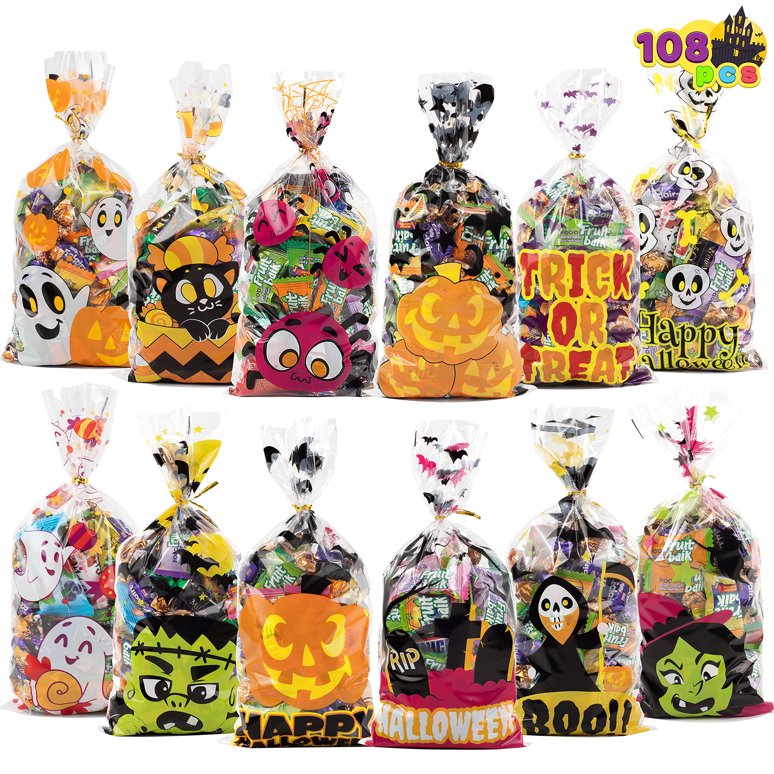 JOYIN 108 Pcs Halloween Cellophane Bags in 12 Halloween Classies Pattern Designs for Trick-or-Treating, Halloween Party Favors, Halloween Party Supplies, Birthday Gifts Bags and Decoration