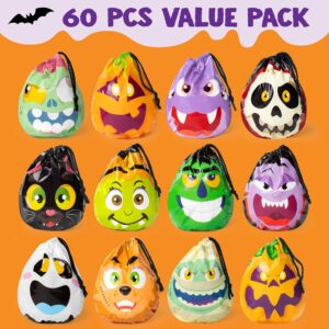 JOYIN 60PCS Halloween Drawstring Treat Bags, Goodie Candy Trick or Treat Bags Bulk in 12 Cute Monster Designs, Small Plastic Gifts Bags for Kids Trick or Treating, Halloween Party Favors Supplies