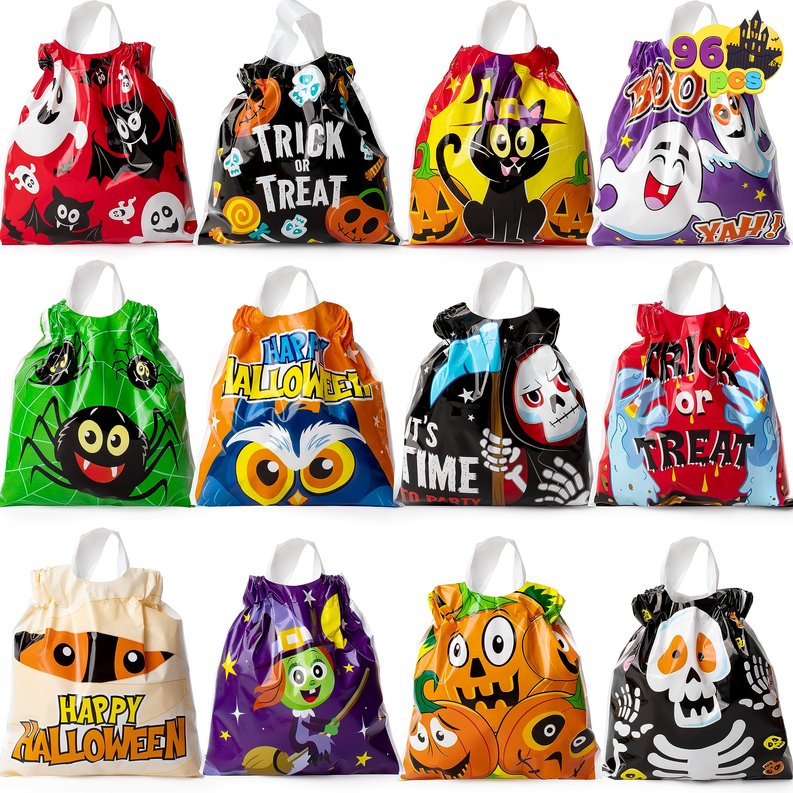 JOYIN 96 Halloween Drawstring Treat Bags 6"x6" Halloween Goody Bags for Kids' Trick or Treat Goodie Bags Classroom Halloween Party Favor Supplies