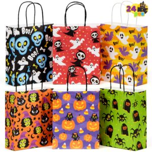 joyin 24 pcs halloween goodie bags with handles, paper trick or treating gift bag bulk in 6 designs for halloween treat party favor, halloween colored candy bags for party supplies