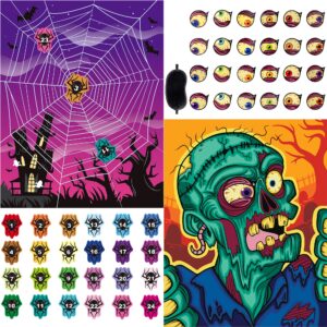 joyin 2 pcs halloween party games for kids pin the eyeball on zombie and pin the tail on the web party games in 2 designs with 2 posters, fun reusable kids gift halloween party favors supplies