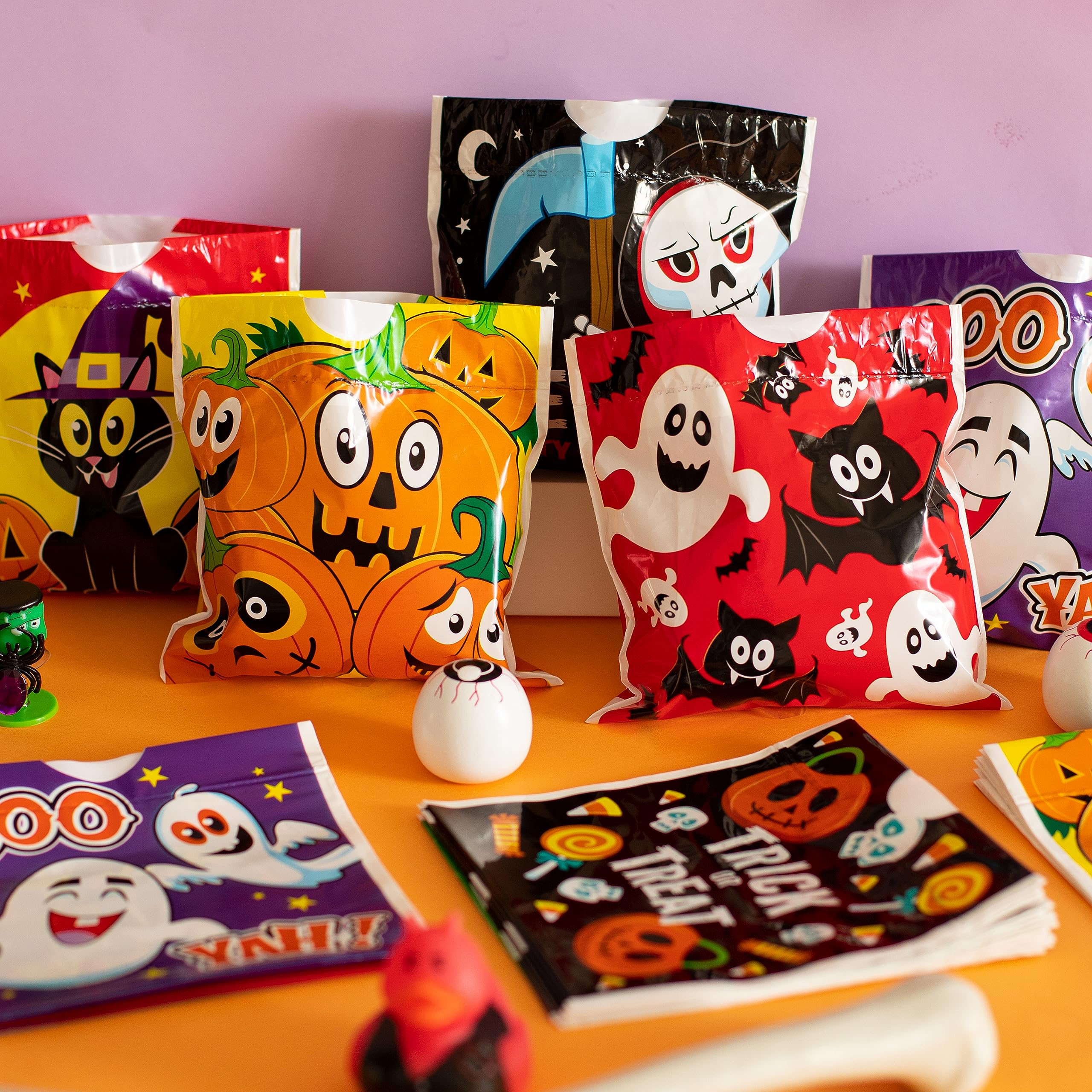 JOYIN 96 Halloween Drawstring Treat Bags 6"x6" Halloween Goody Bags for Kids' Trick or Treat Goodie Bags Classroom Halloween Party Favor Supplies