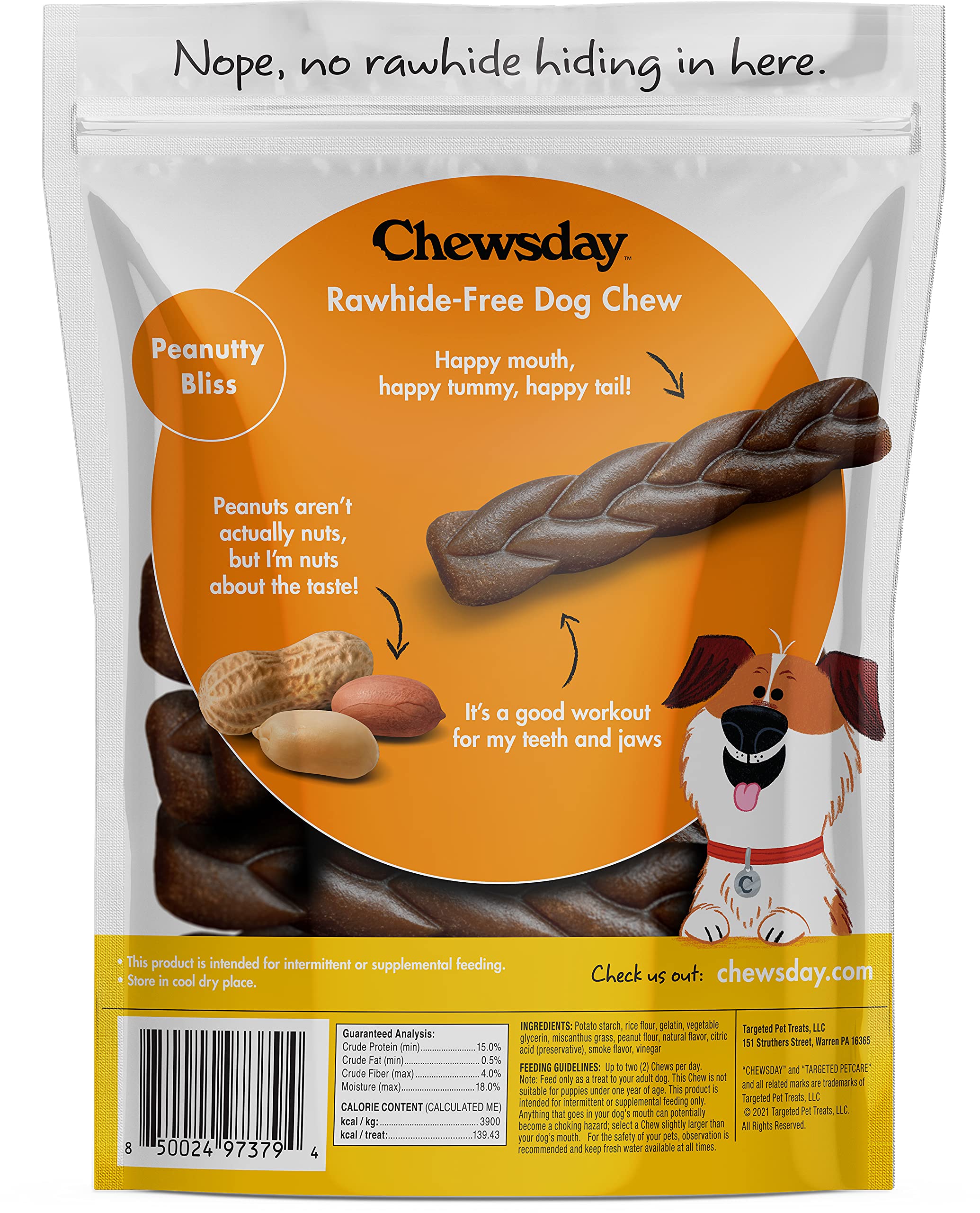 Chewsday 5-Inch Dog Chew Braids, Made in The USA, All Natural Rawhide-Free Highly-Digestible Treats, Peanutty Bliss - 7 Count