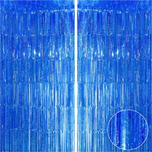 blue metallic foil fringe curtains - wedding anniversary birthday graduation bachelorette retirement christmas new years party celebration photo booth backdrop decoration, 3.2 ft x 9.8 ft, 2pc