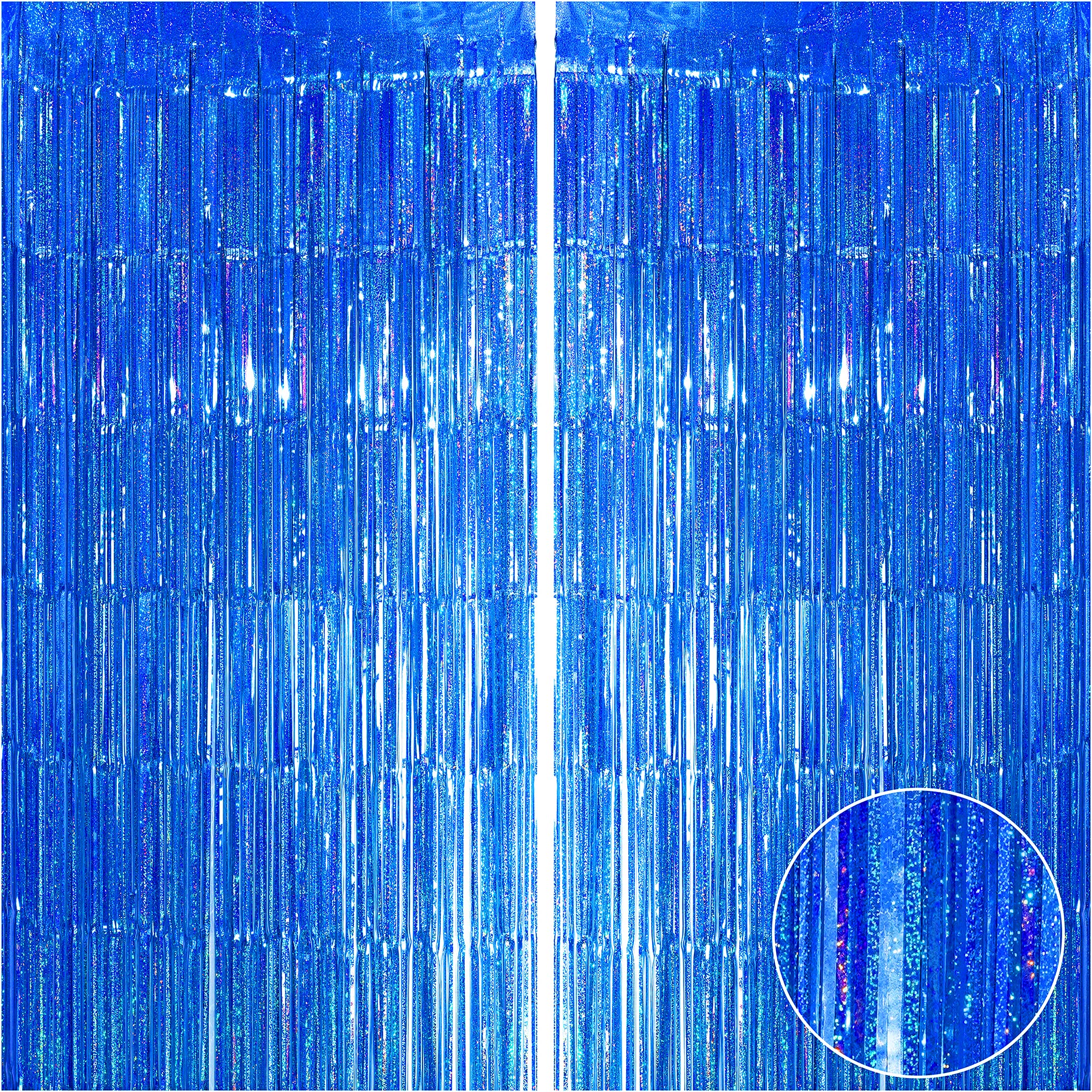 Blue Metallic Foil Fringe Curtains - Wedding Anniversary Birthday Graduation Bachelorette Retirement Christmas New Years Party Celebration Photo Booth Backdrop Decoration, 3.2 ft x 9.8 ft, 2pc