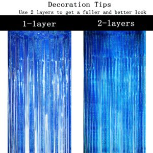 Blue Metallic Foil Fringe Curtains - Wedding Anniversary Birthday Graduation Bachelorette Retirement Christmas New Years Party Celebration Photo Booth Backdrop Decoration, 3.2 ft x 9.8 ft, 2pc