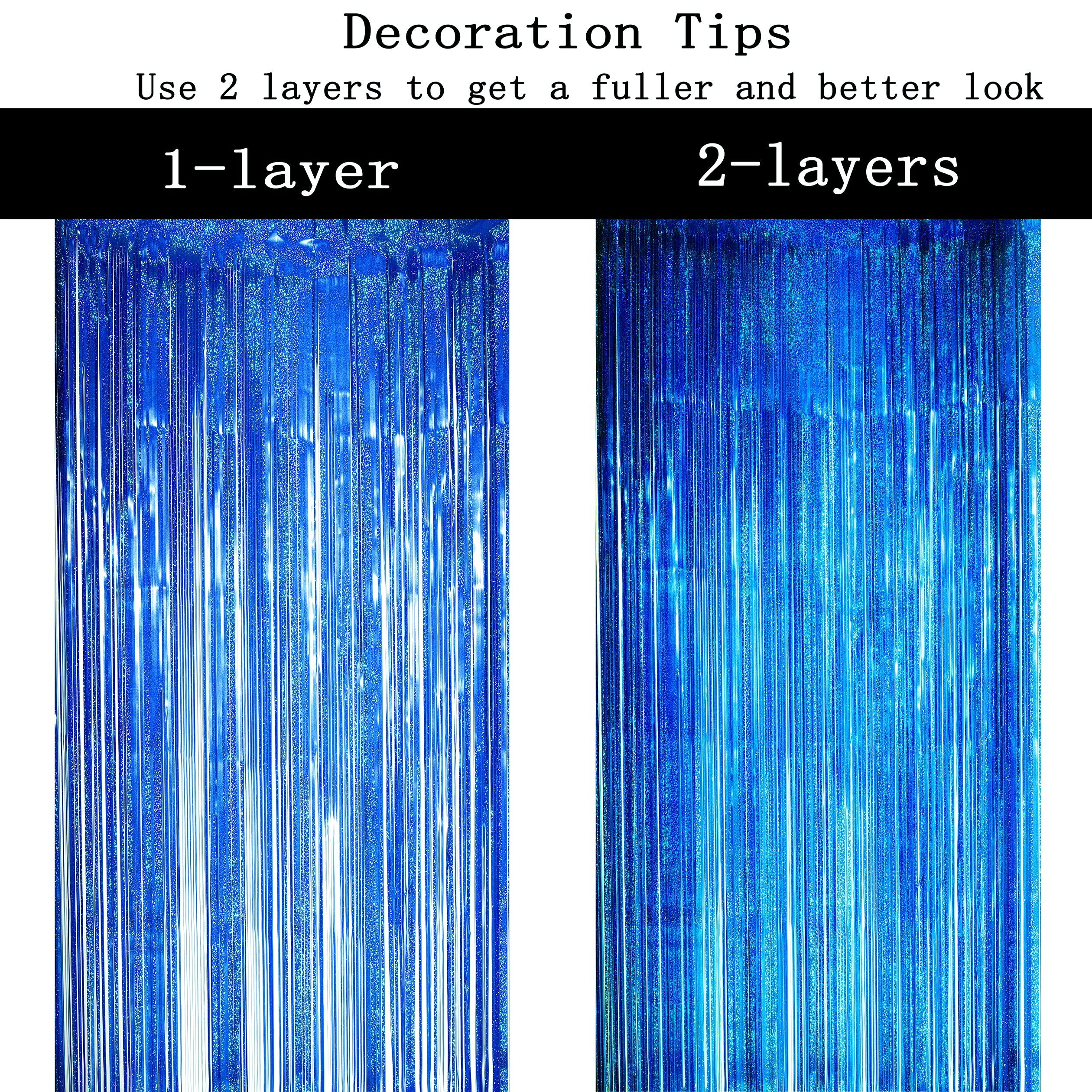 Blue Metallic Foil Fringe Curtains - Wedding Anniversary Birthday Graduation Bachelorette Retirement Christmas New Years Party Celebration Photo Booth Backdrop Decoration, 3.2 ft x 9.8 ft, 2pc