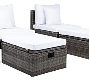 SAFAVIEH Outdoor Collection Pramla Grey Brown/White Cushion Settee with Storage Ottoman (Set of 2) PAT7515C