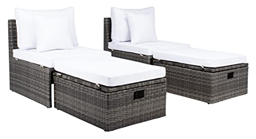 SAFAVIEH Outdoor Collection Pramla Grey Brown/White Cushion Settee with Storage Ottoman (Set of 2) PAT7515C